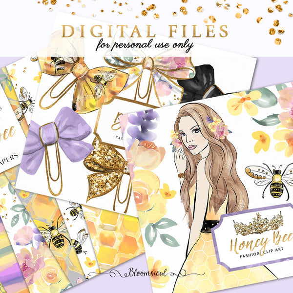 Honey Bee Digital Cliparts, Papers, Bow Clips BUNDLE DEAL – Bloomsical ...
